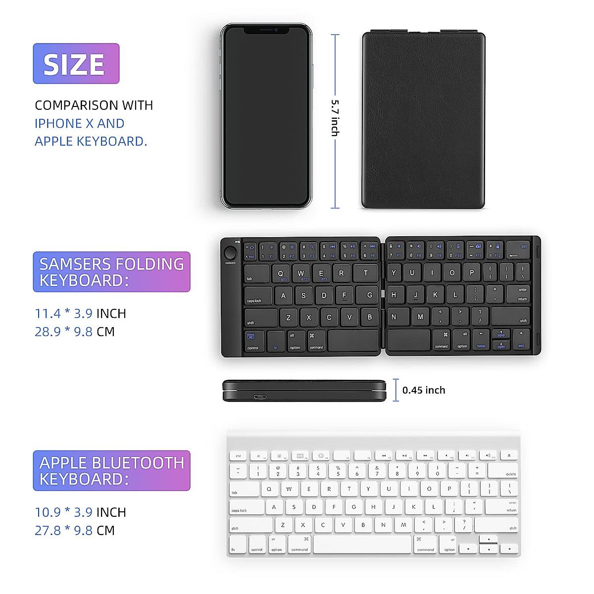 Multi-Device Bluetooth Foldable Keyboard, Samsers Wireless Portable Folding Keyboard, Full Size Ultra Slim Rechargeable Keyboard Connect Up to 3 Devices for IOS Android Windows phone Tablet and Laptop