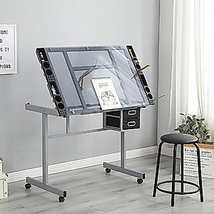 Rolling Computer Desk with Drawers, 40 In Mobile Laptop Desk, Work Desk for Home Office Desks, Writing Desk with Storage, Adjustable Tempered Glass Drafting Table, Black Study Desk for Bedroom,Grey