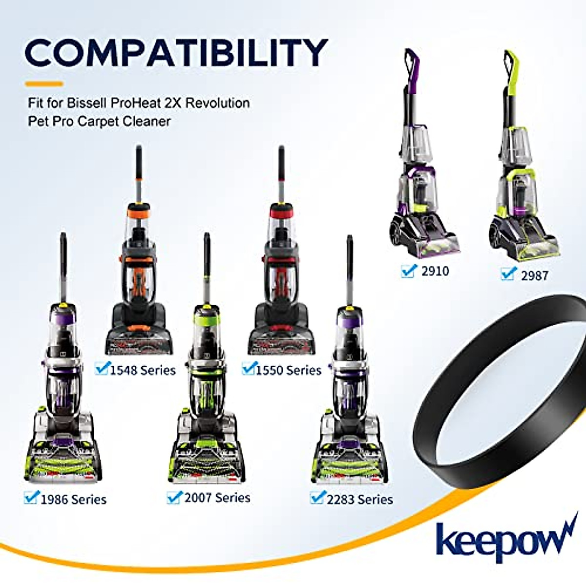 KEEPOW Replacement Belts Compatible with Bissell TurboClean/PowerForce PowerBrush Pet Carpet Cleaner 2987, 1986, 2910, 2190W, 2806, 28062, 28068, 29878, 29879, 2 Pack, Parts# 1606428