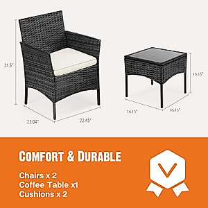 Sweetcripy Patio Furniture Set 3 Pieces, Outdoor Furniture with Soft Cushion and Glass Table, All Weather Manual Weaving Wicker Rattan Patio Chairs for Garden, Terrace, Porch(Black and Beige)