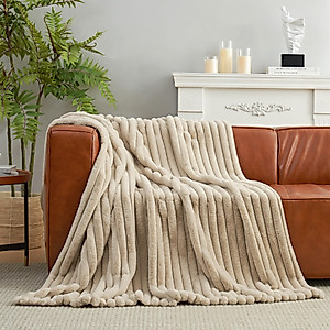 Amélie Home Soft Faux Fur Throw Blanket for Couch, Warm Luxurious Faux Rabbit Fur Striped Throw Blanket, Cozy Fluffy Plush Fur Blanket for Sofa Chair Bed Living Room, Beige, 50"x 70"