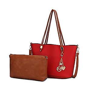 MKF 2-PC Set, Tote Handbag for Women, Satchel Pouch – PU Leather Purse – Crossbody Shoulder Bag Lady Pocketbook Red