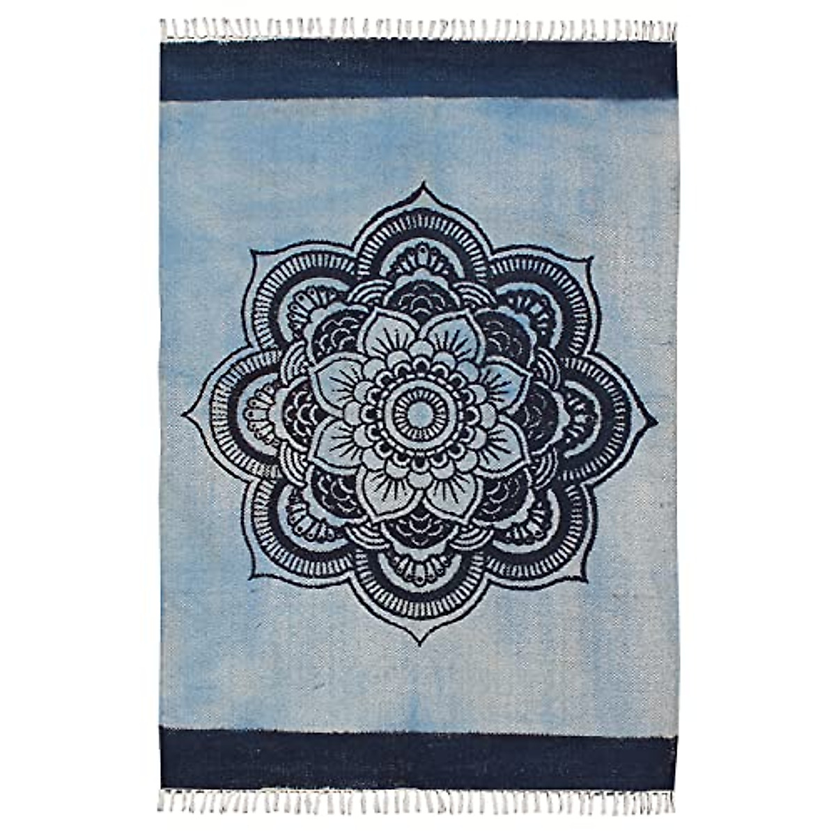 Casavani Indian Handmade Cotton Dhurrie Floral Blue & Black Area Rug Boho Kilim Flat Weave Rug Indoor Hall Room Decor Carpet Throw Rugs for Bedroom Living Room Bathroom Balcony 2x3 Feet