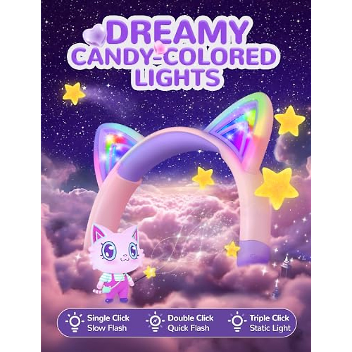 iClever Kids Bluetooth Headphones, Light Up Cat Ear, Safe Volume 74/85dBA,60H Playtime,Bluetooth 5.3,USB C Charging,Wireless Kids Headphones AUX Cord for iPad Tablets School Travel,Meow Cookies-Purple