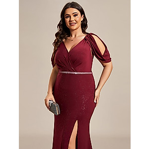 Ever-Pretty Women's Plus Size Sparkle Open Back V Neck High Slit Floor Length Formal Dresses Burgundy US16