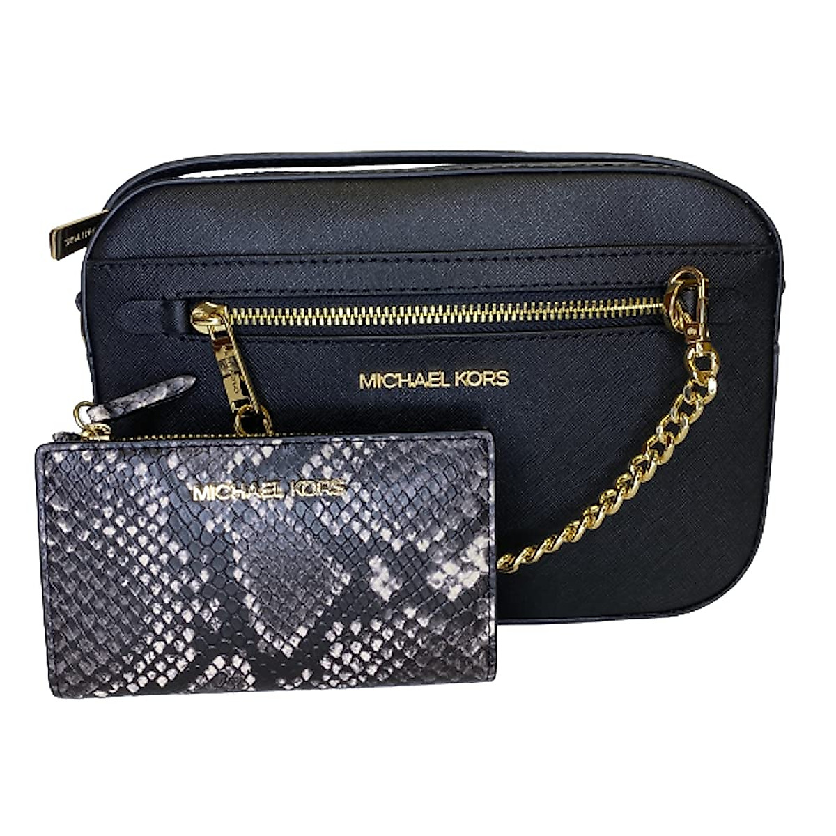 MICHAEL Michael Kors Jet Set Large Crossbody Bag bundled with Jet Set Travel SM Zip Card Case Wallet (Black/Python Embossed)