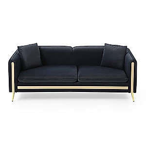 HomSof 77.2” Modern Upholstered Velvet Sofa Couch with Removable Cushions Side Pocket Gold Metal Legs, 2 Pillows Included, Black(3-Seater)