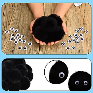 30 Pieces 2.6 Inch Black Pom Pom Balls Fluffy Craft Pom Poms Large Black Pom Poms Creative Crafts Decorations with 100 Pieces Plastic Self-adhesive Googly Eyes for DIY Craft Christmas Party Decoration