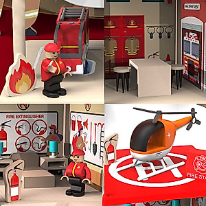 BBtinker Wooden Fire Station Playset, Multicolor 3-Level Pretend Play Dollhouse with Figures, Truck, Helicopter and Accessories, Preschool Learning Educational Toys for Toddlers Kids Age 3 and up