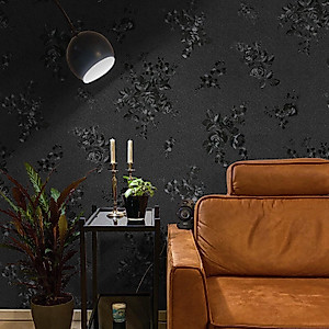 Lativo Black Peel and Stick Wallpaper Silk Embossed Floral Contact Paper for Cabinets Drawers Furniture 118×17.7''Textured Flower Wallpaper Removable Kitchen Wallpaper for Bathroom Waterproof Thicken