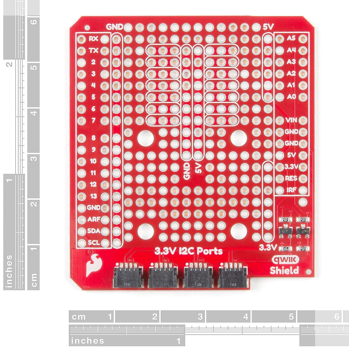 SparkFun Qwiic Shield Compatible with Arduino-Simple to incorporate Qwiic connect system w/ R3 footprint system I2C 4 mounting ports 3-by-1 power rails & ground buses Converts 5V-3.3V Soldering Needed