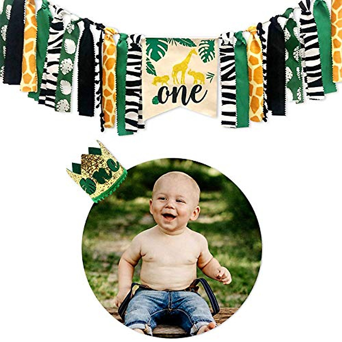 Baby 1st Birthday Party Decorations Supplies For Boy Girl Kids First Birthday Shower Jungle Safari Theme With Wild One Highchair Banner Crown Cake Topper Set of 3
