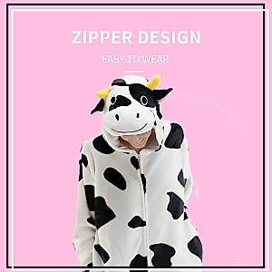 COSUSKET Fit Unisex Adult Cow Onesie Pajamas, Halloween Womens Cosplay Animal One Piece Costume (White/Black, Medium)