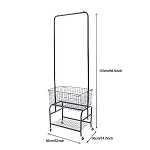 kunghei 2-in 1 Rolling Clothes Rack, 2 Tier Clothing Rack with Metal Basket, Rolling Storage Cart Clothes Organizer Coat Rack Storage Stand on Wheels, for Home Bedroom Laundry Small Place Entryway