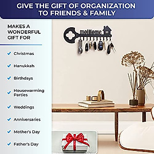 moiHome Key Organizer Wall Mount Rack - Decorative 10 Hook Iron Key Ring Holder for Wall - Ideal for Entryway, Front Door, Kitchen, Hallway - Includes Screws & Anchors – 5 x 14.75 Inches, Black