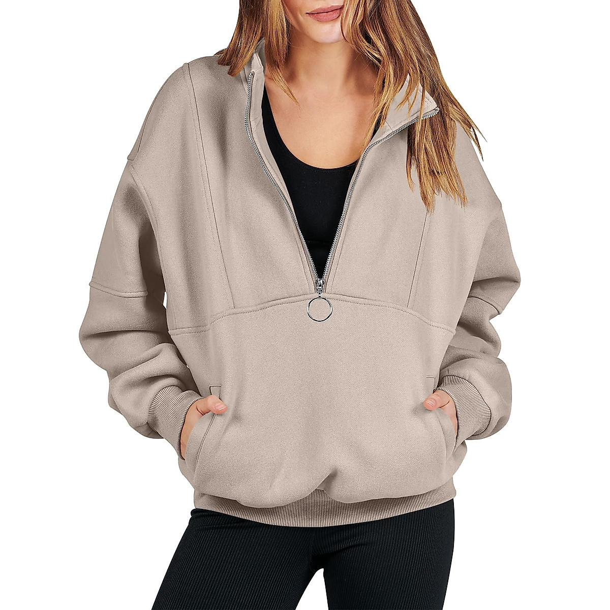 ANRABESS Women's Oversized Half Zip Fleece Sweatshirts Quarter Zip Pullover Top Fall 2024 Outfits Trendy Clothes Light Brown X-Large