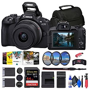 Canon EOS R50 Mirrorless Camera with 18-45mm Lens (Black) (5811C012) + 64GB Card + Filter Kit + Corel Photo Software + Bag + Charger + LPE17 Battery + Card Reader + Flexible Tripod + More (Renewed)