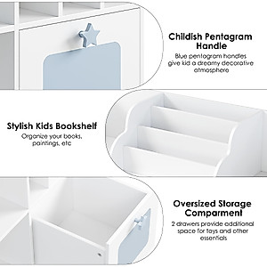 FOTOSOK Toy Storage Organizer, 46'' Toy Shelf, Bookshelf with White and Blue Bookcase & 2 Storage Cubbies Toy Box, Toy Storage Cabinet for Playroom, Bedroom, Classroom, Library