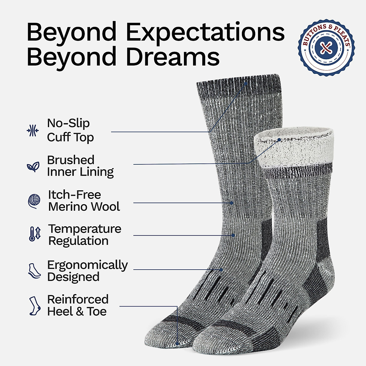 Buttons & Pleats Mens Merino Wool Socks Thermal Cozy Thick Winter Socks SM