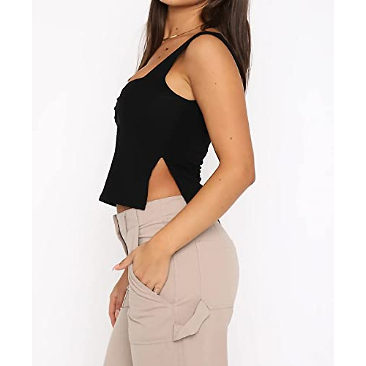 TiulZial Women's Sleeveless Backless Crop Tank Top Sexy Pleated Bustier Sweetheart Neck Strappy Y2K Slits Cropped Tops Black Crop Top,S