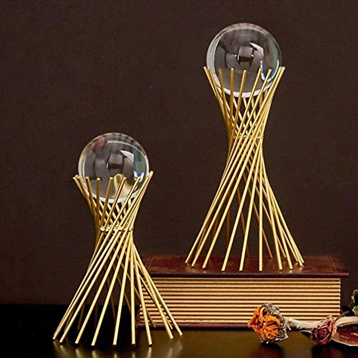 XBWEI Metal Crystal Ball Ornament Nordic Style Wrought Iron Clear Ball Sculptures Stand Creative Decorations for Living Room TV Cabinet Bookcase Home Office