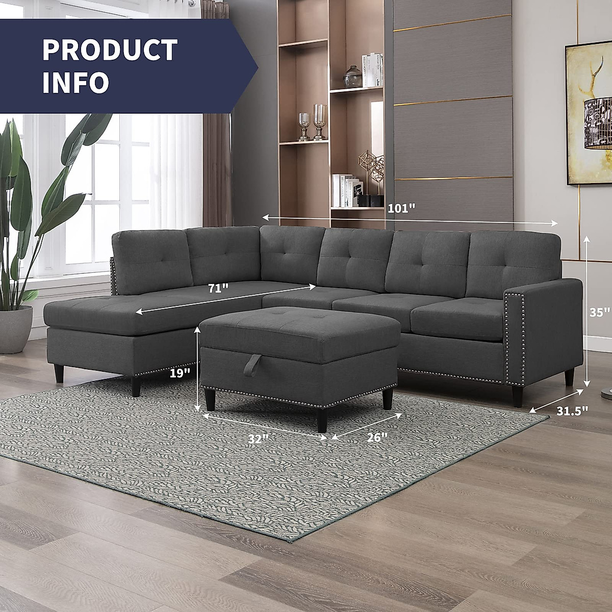 ZAFLY 101" Sectional Couch, L Shaped Sofa with Storage, Convertible Sofá 4-Seat with Reversible Chaise, Living Room Fabric Sofa Sets with Cup Holders -Light Gray