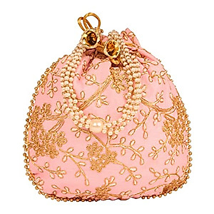Touchstone NEW Indian Hand Embroidered Floral Shopping Gifts Jewelry Wedding Sweet Distribution Faux Pearls Strings Drawstring Pista Cream Pink Fancy Bag Purse Pouch Set Of 3 For Women.