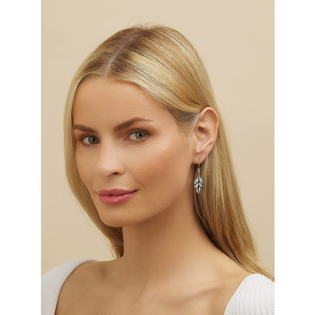 Barzel White Gold Plated Created White Opal Leaf Drop Earrings (Silver White Opal)