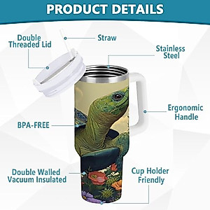 Slewiaeky Tumbler with Handle 40 oz Retro Tortoise Turtle Travel Mug with Lid and Straw Ocean Stainless Steel Vacuum Insulated Water Bottle Cup for Iced Tea Coffee Cold Beverages Cup Holder Friendly