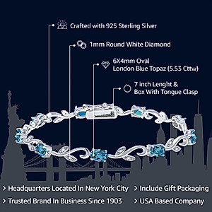 Gem Stone King 925 Sterling Silver London Blue Topaz and White Diamond Women Greek Vine Tennis Bracelet (5.53 Cttw, Oval 6X4MM, 7 Inch)