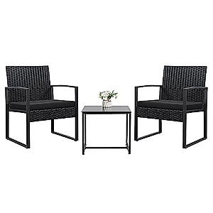 Devoko 3 Piece Patio Outdoor Furniture Set Wicker Table and Chairs Set for Balcony Porch Bistro, Black