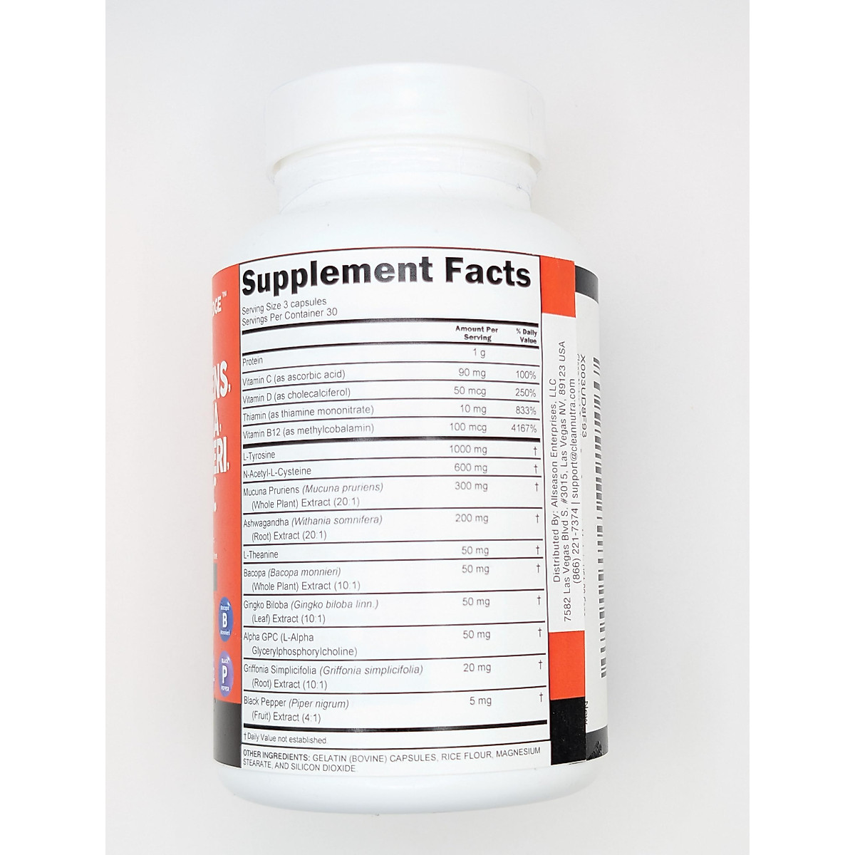 Clean Nutraceuticals L Tyrosine Mucuna Pruriens Bacopa Monnieri Ashwagandha Focus Supplement w/N-Acetyl Cysteine NAC 5-HTP Ginkgo Biloba Alpha GPC Vitamin C D B1 B12