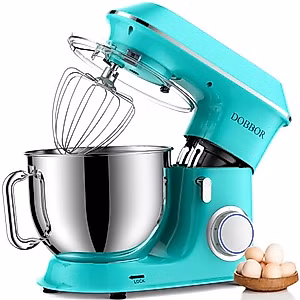 DOBBOR Electric Stand mixer, 9.5QT 660W 7 Speeds Tilt-Head Dough Mixers, Bread Mixer with Dough Hook, Whisk, Beater, Splash Guard for Baking Bread, Cake, Cookie, Pizza, Muffin, Salad and More - Blue