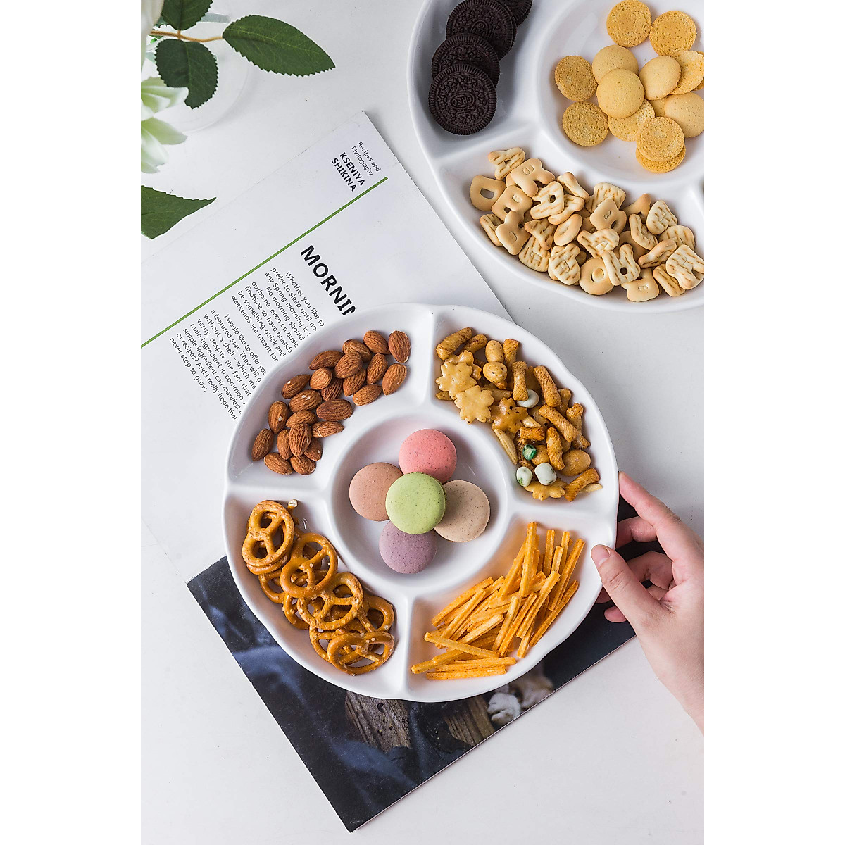 LAUCHUH Chip & Dip Serving Set Porcelain Divided Serving Platter/Tray Perfect for Easter, Christmas, Snack Dessert, 12 inch White Dish Set of 2