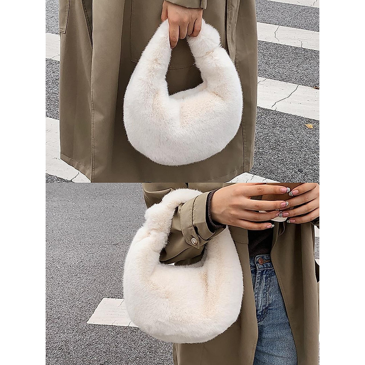 White Soft Knotted Bag Fuzzy Dumpling Bag, Cute Fluffy Bags Y2k, Cute Mini Handbags, Faux Fur Hobo Bag with Zipper