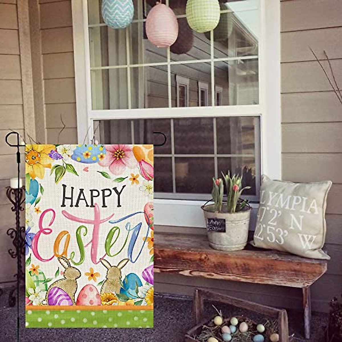 CROWNED BEAUTY Happy Easter Bunnies Garden Flag Floral 12x18 Inch Double Sided for Outside Burlap Small Holiday Yard Flag CF708-12