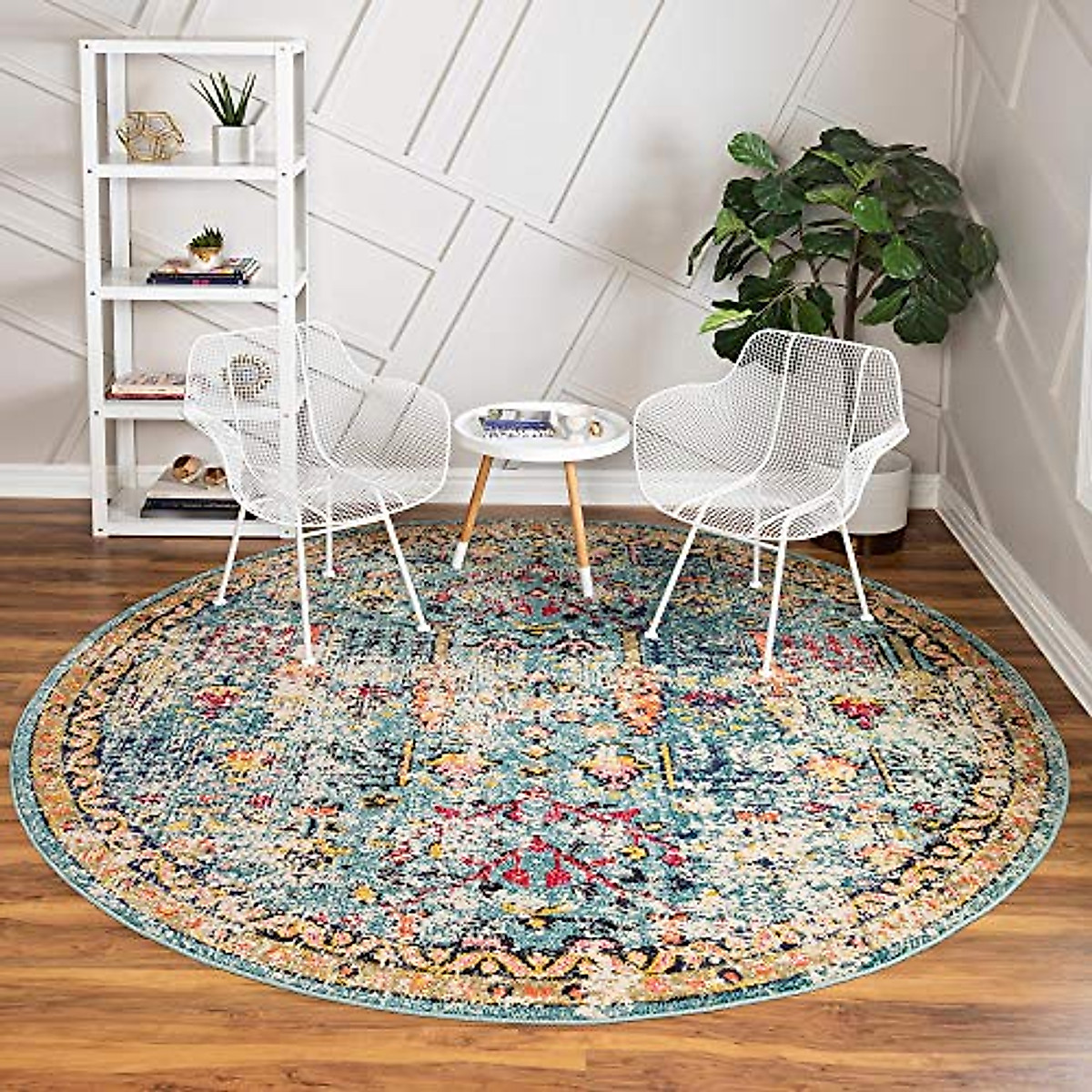 Unique Loom Monterey Collection Vintage Bohemian Inspired with Distressed Tribal Design Area Rug, Round 8' 0" x 8' 0", Blue/Yellow