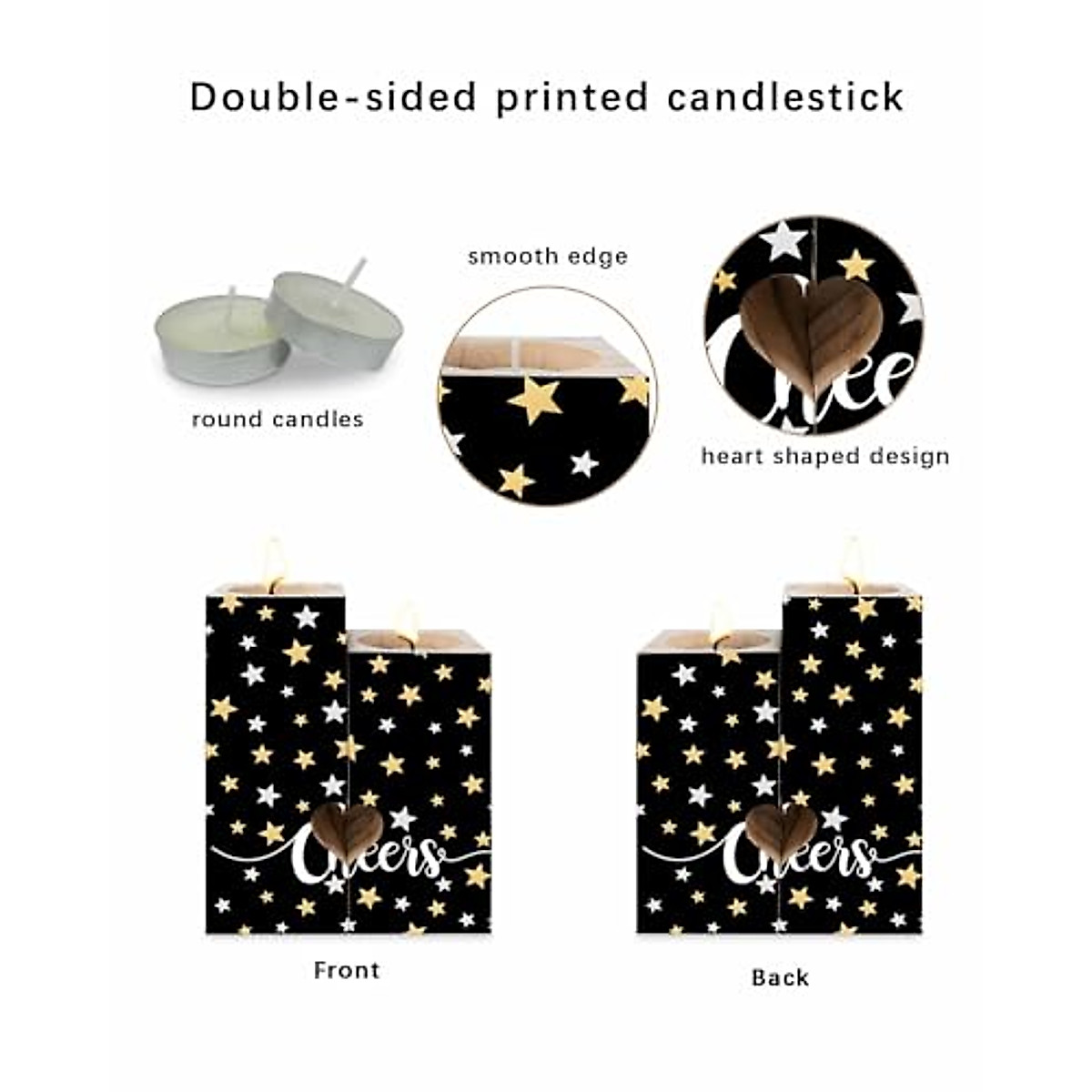 Star Gold Candle Holder with Tea Light,Vintage Wood Tealight Candle Stick Holder Pillar Centerpiece,Heart-Shaped Tall Wooden Tea Light Candle Holders Set Merry Cheers Modern Minimalist Grey Black