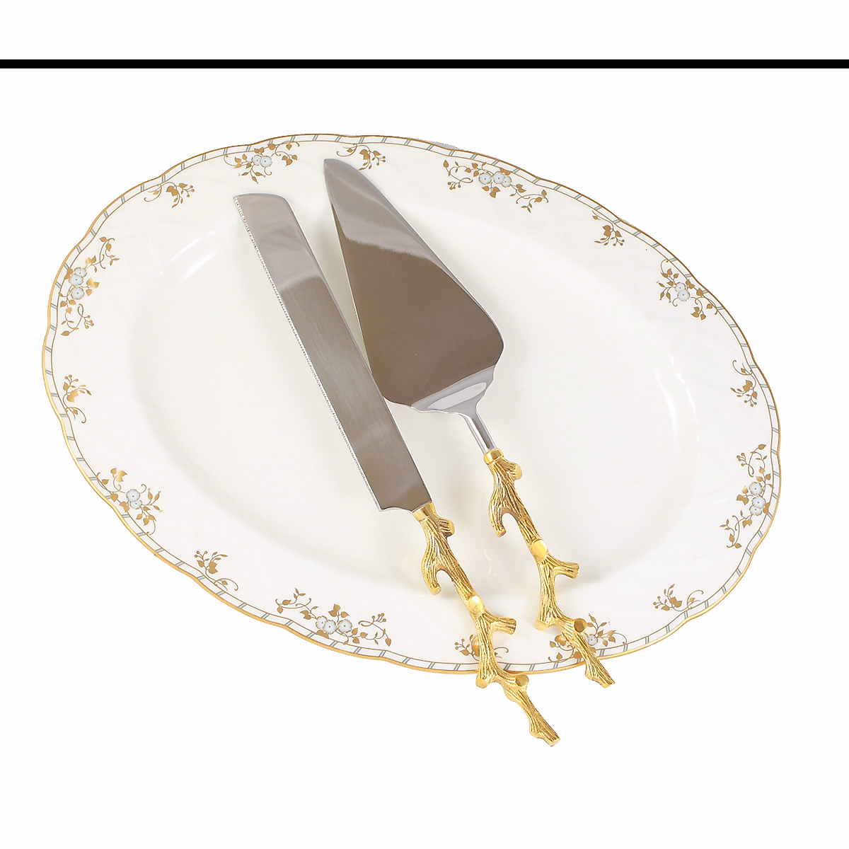 RS Accessories LLC Server Set, Cake, Pie, Desert Flatware Set, Tree Branch Design, 2-Piece 18/10 Stainless Steel with Brass Handles (Light Antique Gold Finish)…