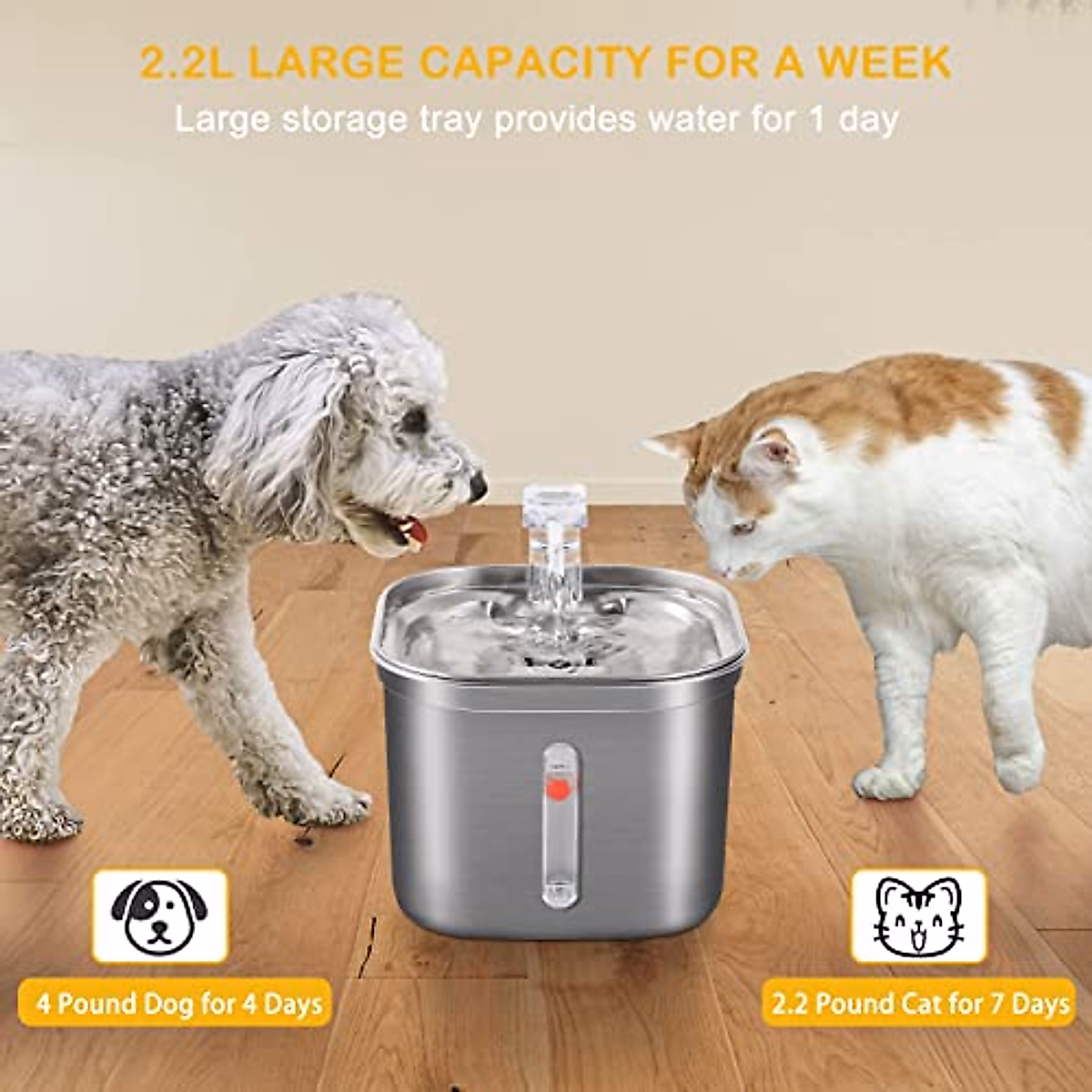JCHOPE Cat Water Fountain Stainless Steel, 74oz/2.2L Automatic Circulating Pet Water Fountain with Faucet Design & 3 Flow Speeds, Ultra Quiet Cat Fountain Water Bowl with Triple Filter for Cats Dogs