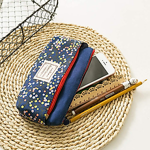 4 Pack Flower Floral Canvas Pen Pencil Cases Makeup Bags, FineGood Stationery Pouch Holders with Double Zippers for School Students Kids, with 2 Hang Ropes - Dark Blue, Light Blue, Pink, Cream