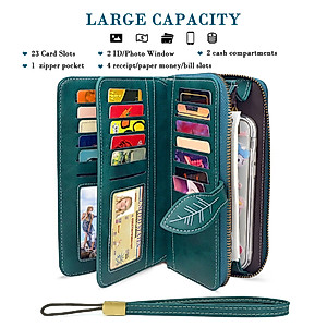 CONISY Womens Wallets Large Capacity, Multi Card Slots Clutch Long Wallet for Women with RFID Blocking (Peacock blue)