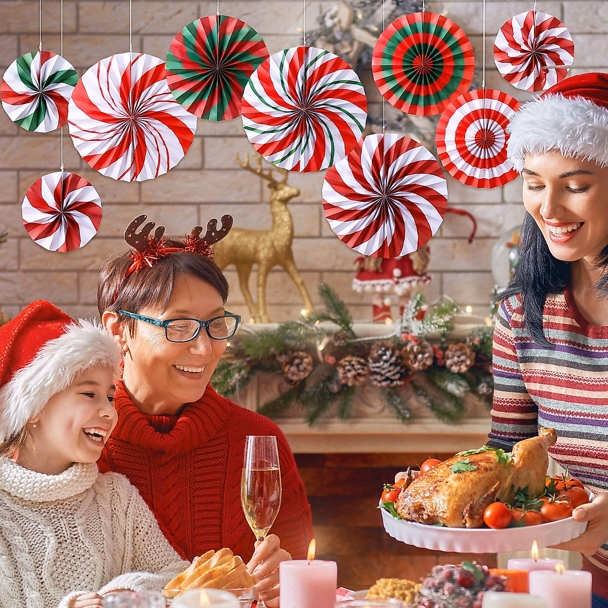 Outus Christmas Hanging Decorations Candy Paper Fans Peppermint Hanging Paper Fans Candy Cane Ceiling Wall Decor for Christmas Party Classroom Birthday Party(9 Pcs,Sweet)