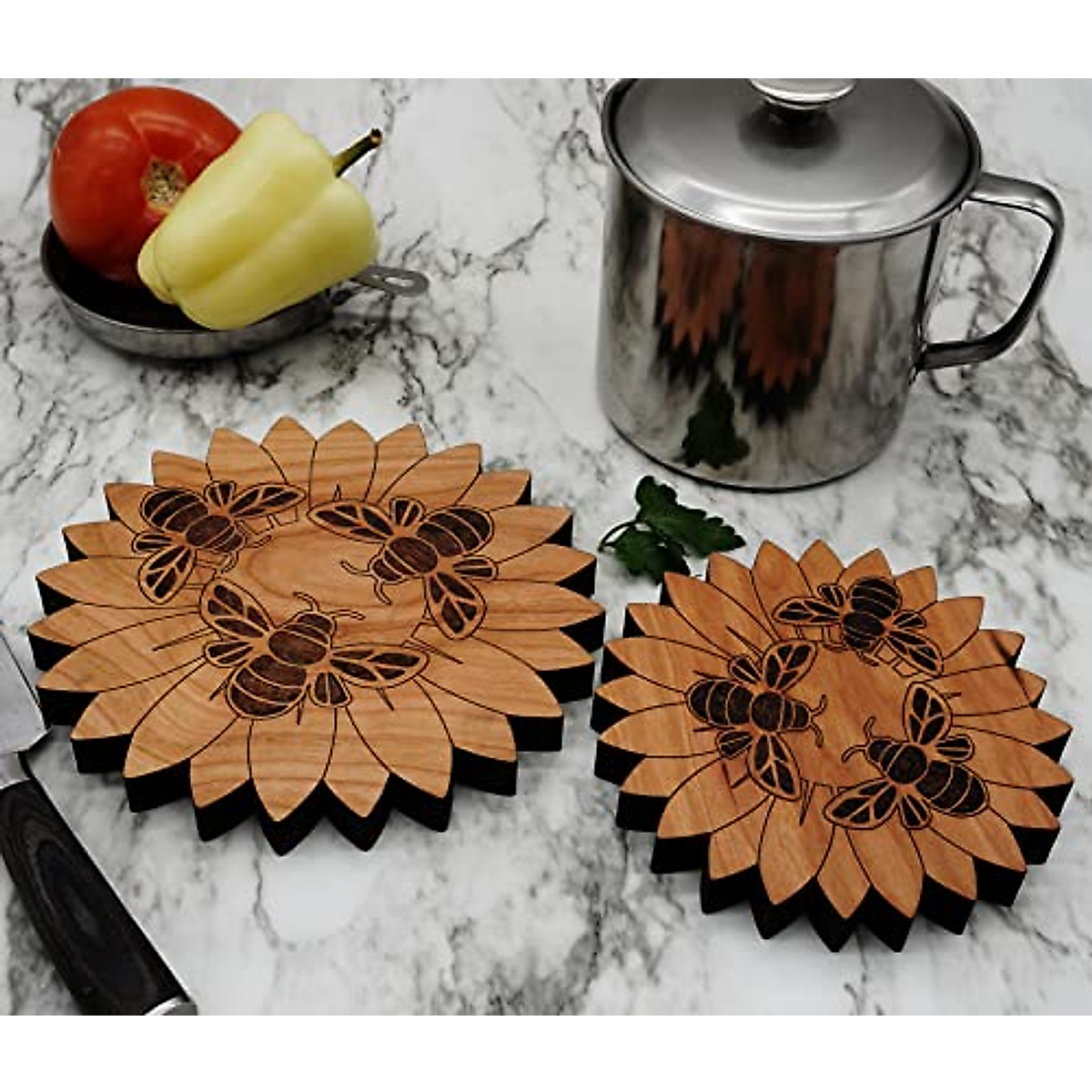 Honey Bees on a Flower Trivet- Hand Crafted in The USA From Solid Cherry Hardwood (6 Inch)