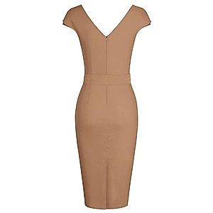 MUXXN Lady Summer Cut Out Neck Bowknot Tie Stretch Wear to Work Midi Dress (Camel XL)