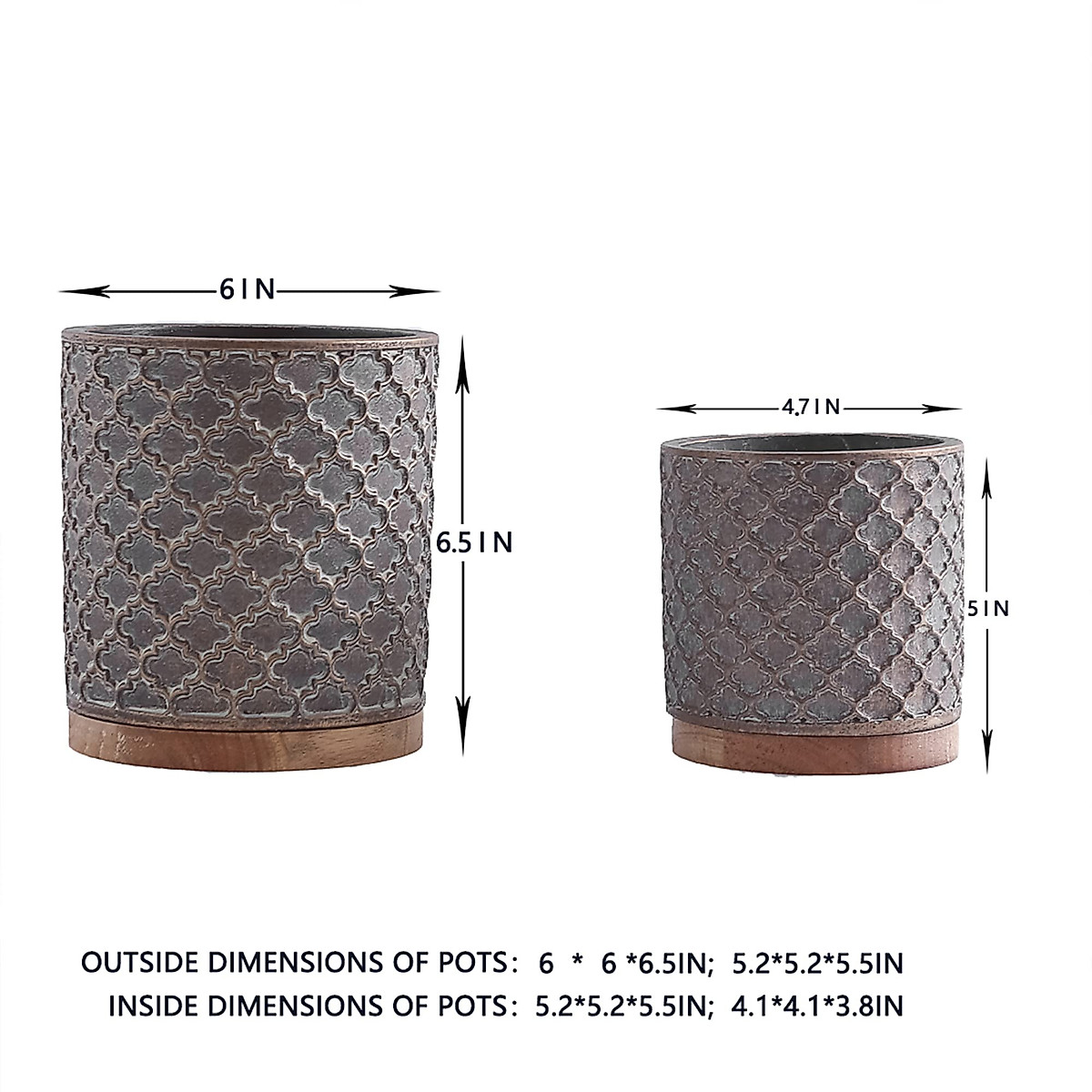 Yishang Cement Planter Flower Pot - 4.7 Inch and 6 Inch Indoor Plants Containers Without Drain Hole,Round Flower Planter Pots for Plants with Bamboo Saucer/Tray,Set of 2 (Brown).