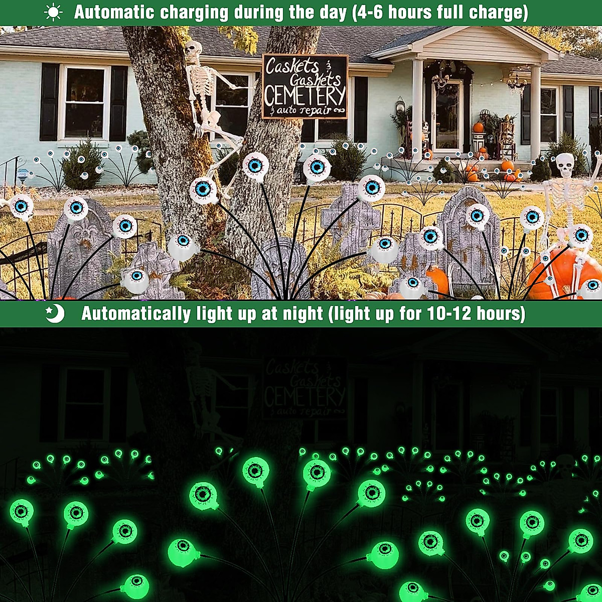 Halloween Decorations Outdoor Solar Scary Eyeball Lights,2PACKS 12LED Green Eyeball Swaying Firefly Lights,Waterproof Solar Halloween Path Lights for Yard/Garden/Lawn/Party Decor,Green