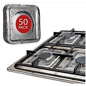 Gas Stove Burner Covers by Linda’s Essentials (50 Pack) | Disposable Aluminium Stove Burner Liners | 8.5” Square Heat Resistant Gas Range Protector | Thick Stove Top Covers For Gas Burners