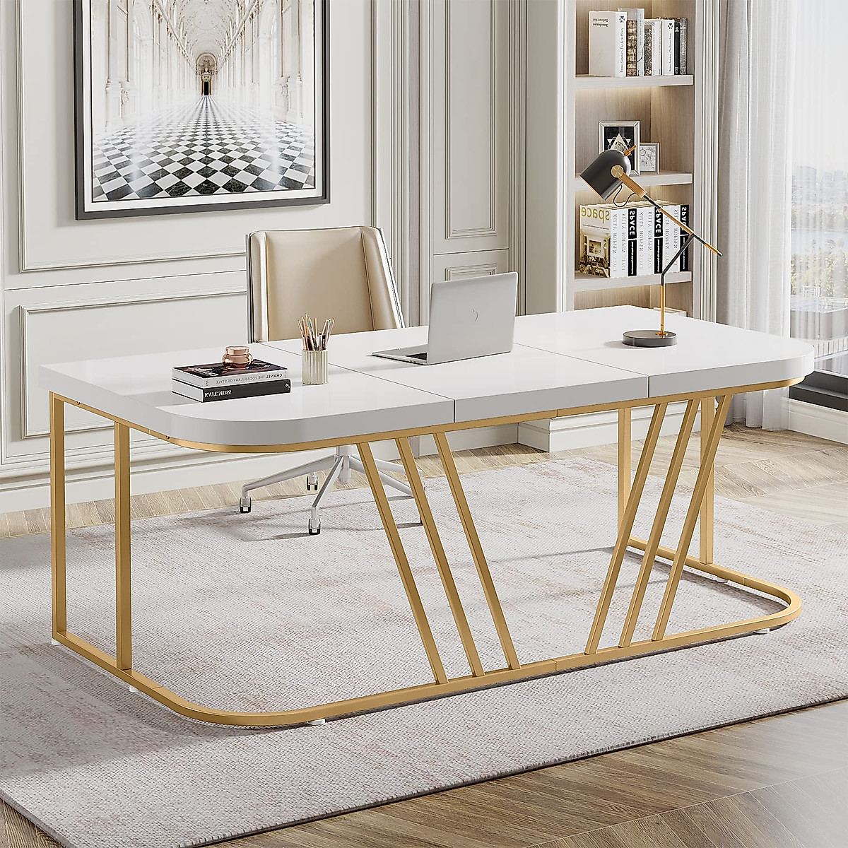 Tribesigns 63" Executive Desk, Large Home Office Desk with Metal Frame, Modern Wood Study Writing Computer Desk Conference Table for Home Office, White & Gold