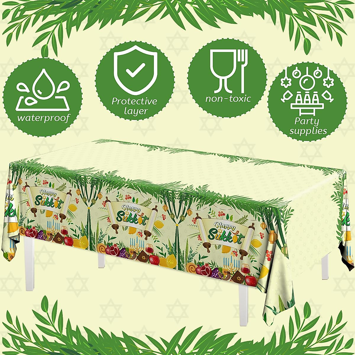 Sukkah Sukkot Tablecloth - Disposable Happy Sukkot Decorations Plastic Tablecloth, Jewish Holiday Party Decorations 3pcs Etrog Lulav Decor Table Cover, Jewish Table Supplies, 108 x 180 cm